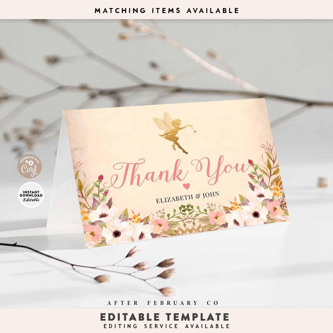 EDITABLE Floral Fairy Thank You Folded Card Fairy Thank You Card ...