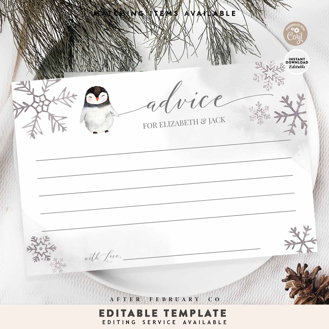 Editable Penguin Snowflake Baby Shower Advice Card: Printable (digital ...