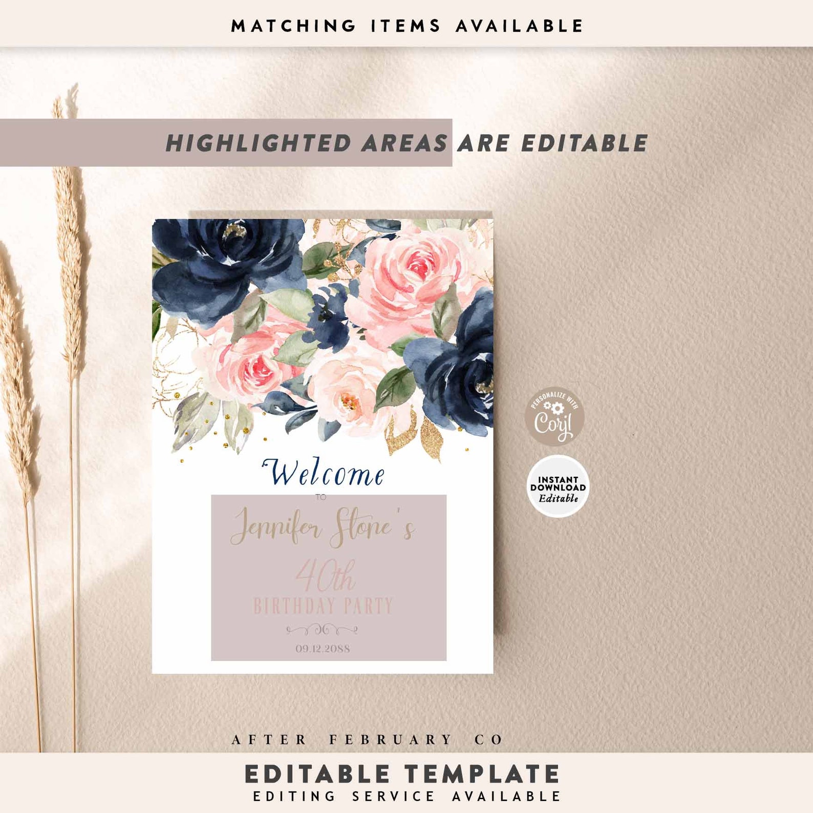 EDITABLE ANY EVENT Navy Blue Blush Pink Floral Anniversary Birthday ...