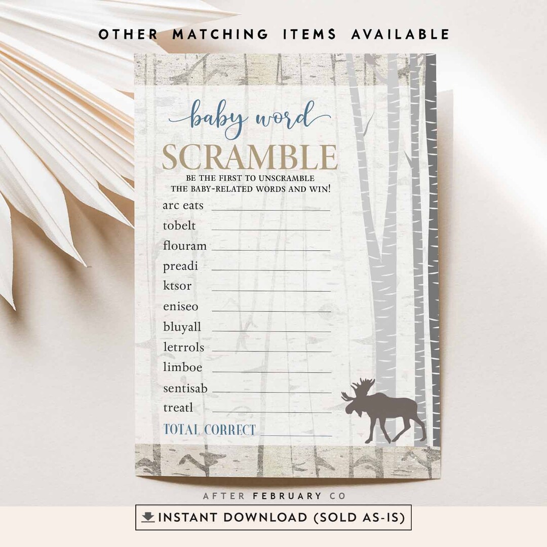Woodland Rustic Moose Blue Birch Baby Word Scramble Game Retro Rustic ...