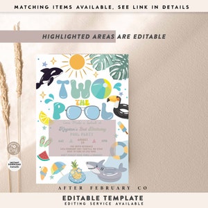 Editable Boy TWO the POOL 2nd Birthday Pool Party Invitation Whale ...