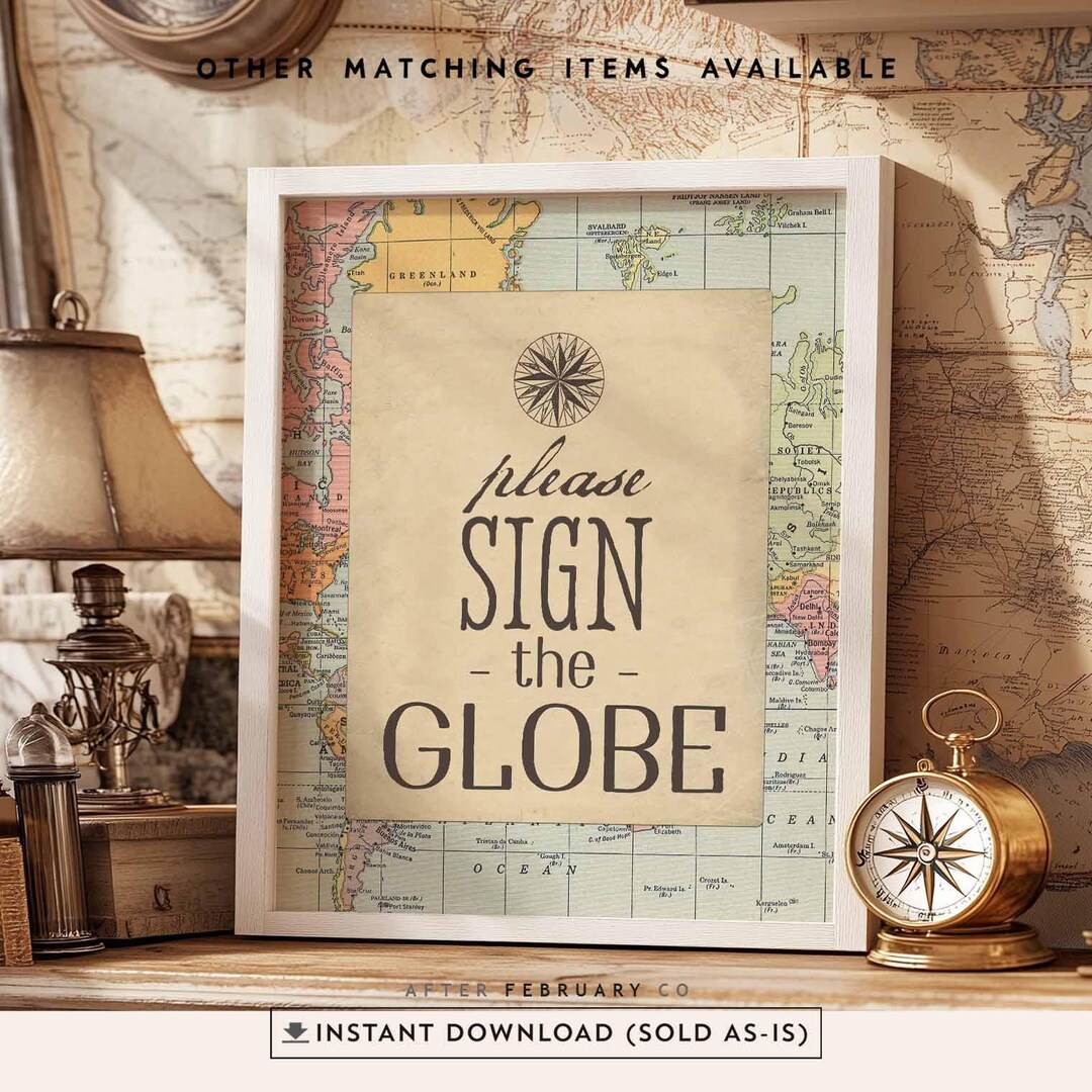 Please Sign the Globe Sign, Travel Compass Around the World Baby Shower ...