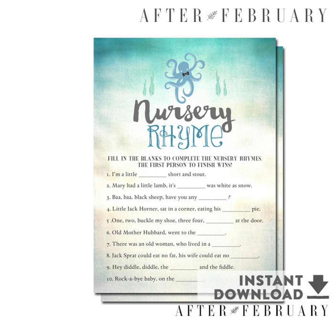 Nursery Rhyme Game Under the Sea Creatures Octopus Baby Shower Games ...