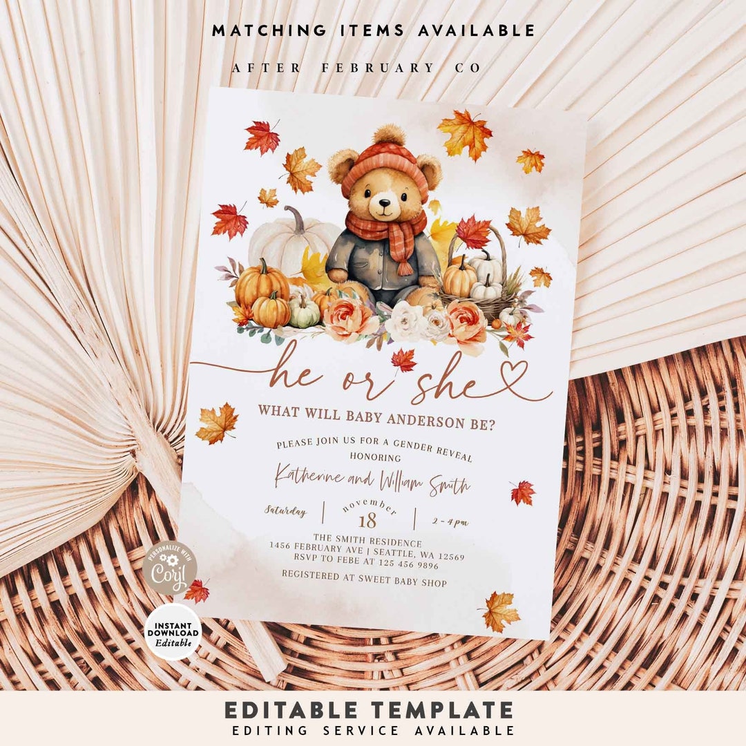 EDITABLE Fall Pumpkin Teddy Bear Gender Reveal Hr or She Party Baby ...