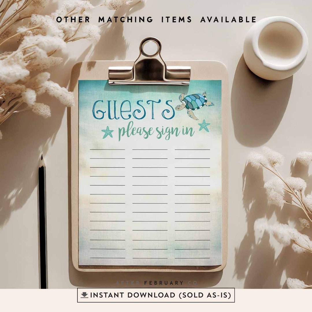 Sea Turtle Guest Sign in Sheet Game Under the Sea Boy Sea Turtle Baby ...