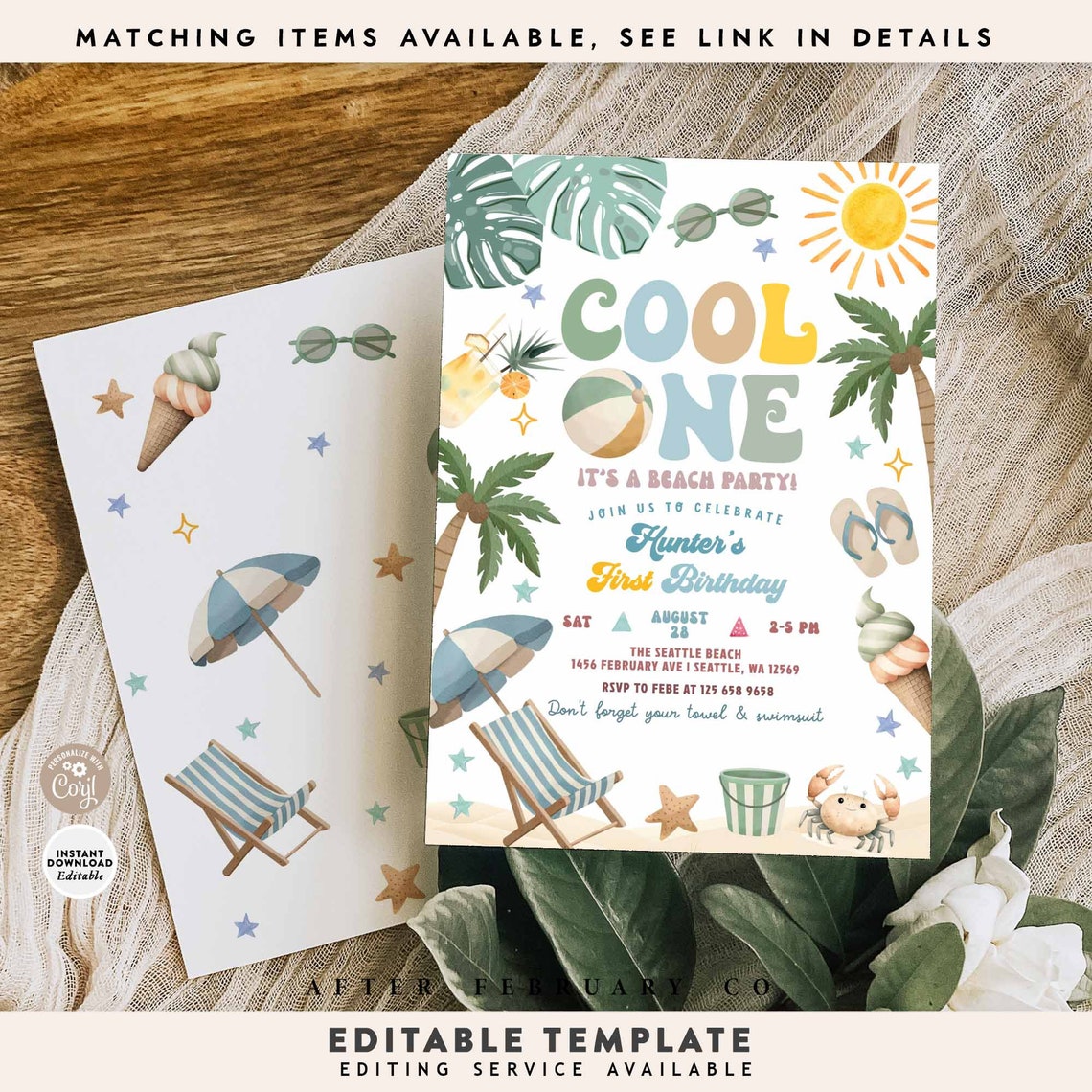 Editable BOY Cool One Beach 1st Birthday Beach Party Invitation Sage ...