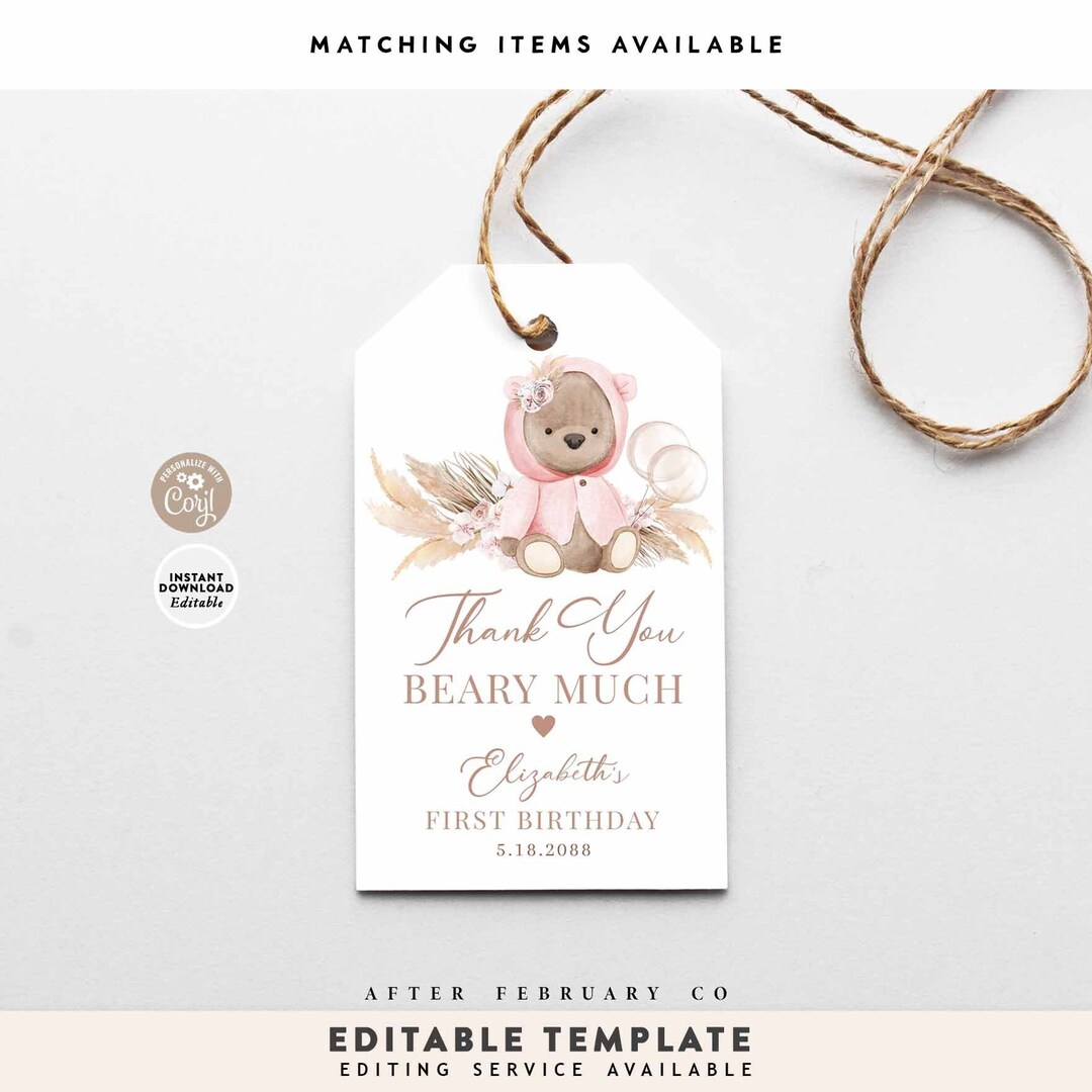 EDITABLE Pampas Grass Pink Boho Teddy Bear Birthday Thank You Beary ...