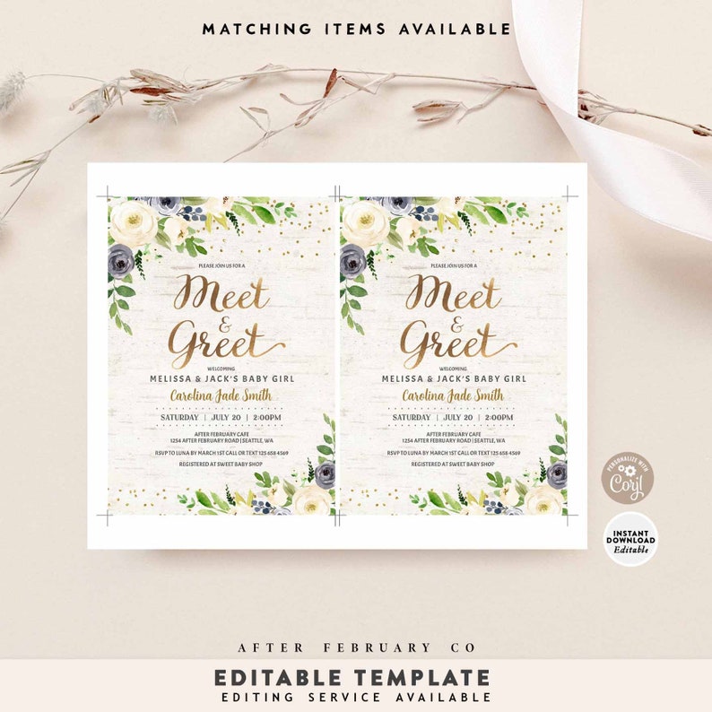 Editable Rustic Blue Floral Meet and Greet Invitation Boy Blue - Etsy