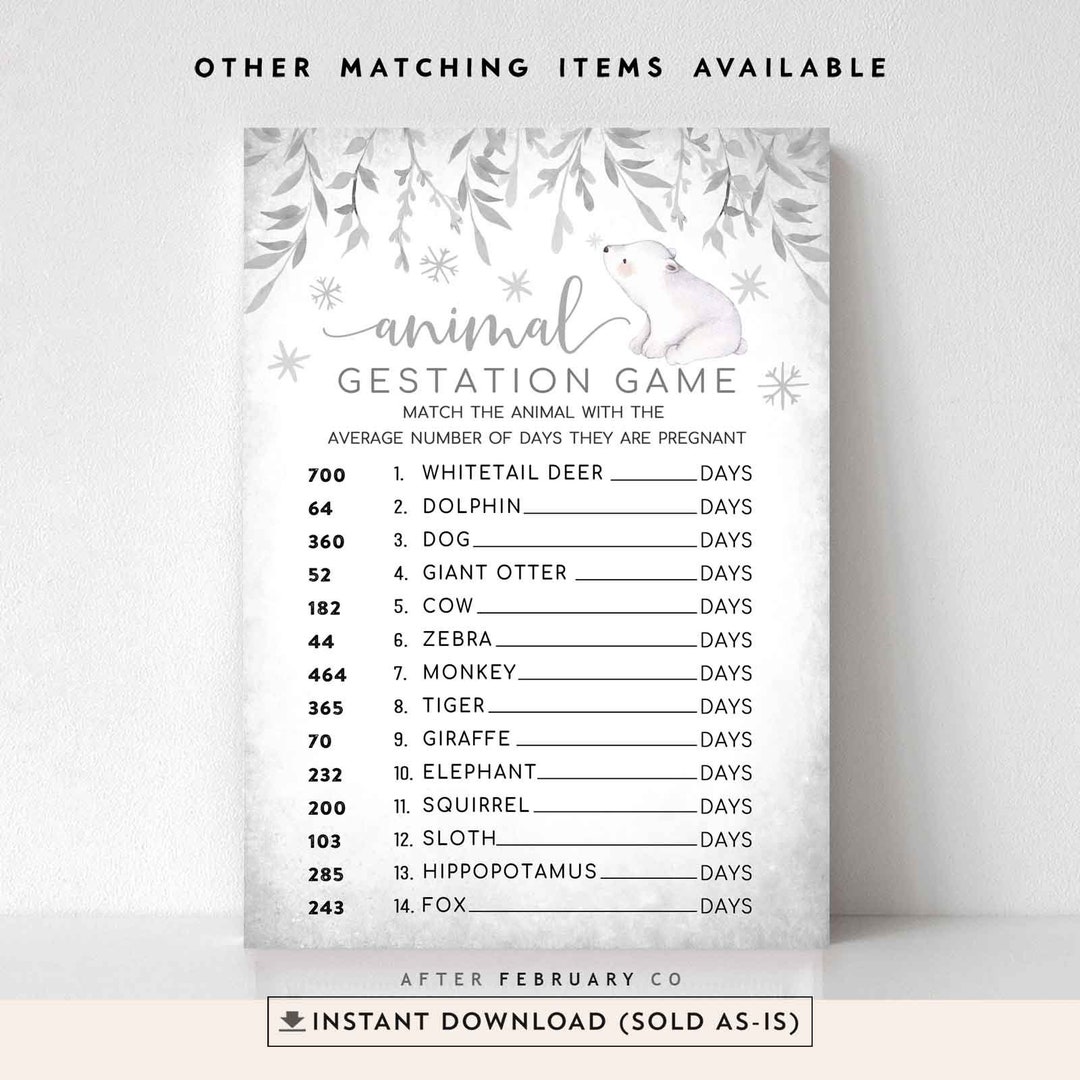 Winter Polar Bear Baby Shower Games Animal Gestation Game Gender ...