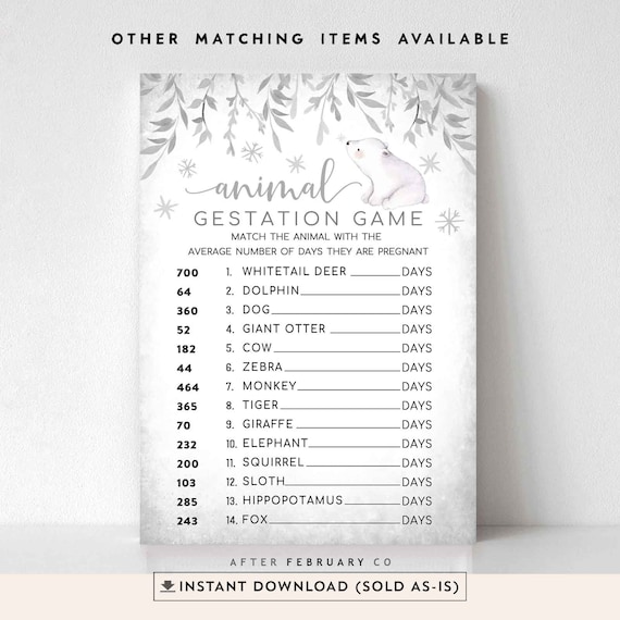 Winter Polar Bear Baby Shower Games Animal Gestation Game - Etsy