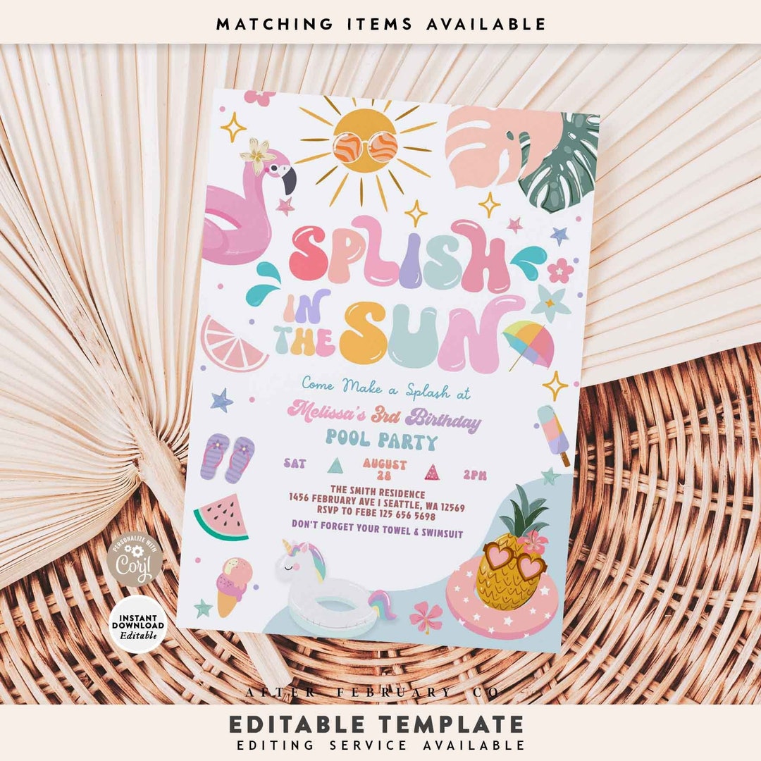 Editable Splash in the Sun Pool Party Lake Invitation Girly Pineapple ...