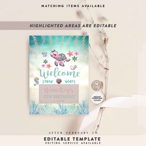 EDITABLE Pink Sea Turtle Birthday Party Welcome Sign Girl Under the Sea ...