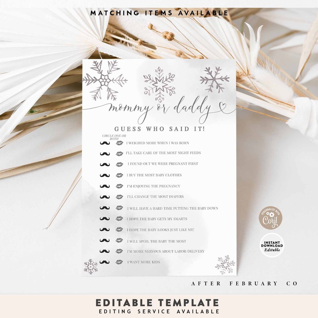 Editable Snowflake Minimalist Winter Guess Who Said It Game Baby Shower ...