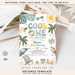 Editable BOY Cool One Beach 1st Birthday Beach Party Invitation Sage ...