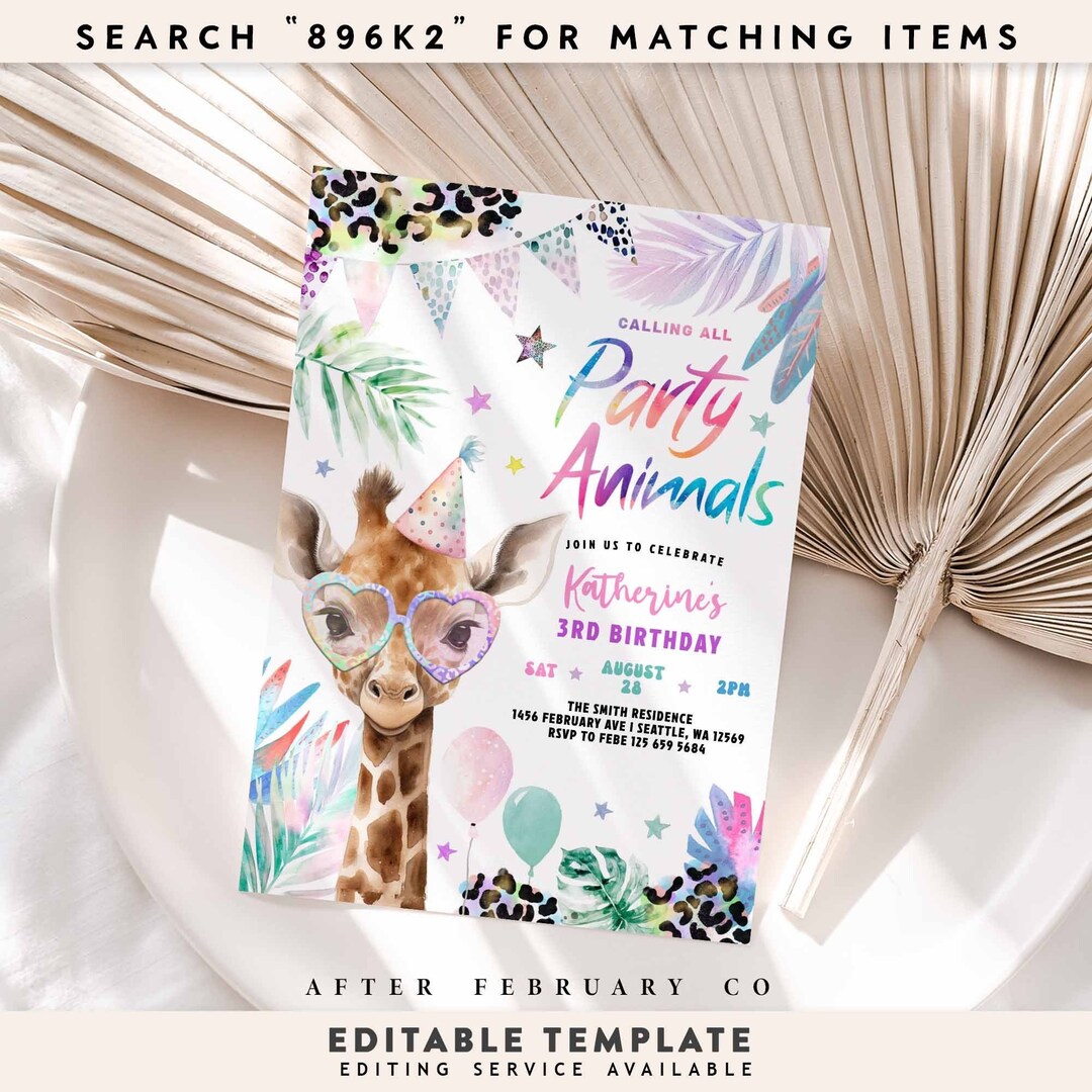 EDITABLE Girl Giraffe Calling All Party Animals Birthday Invitation Wild Jungle Animal Zoo ...
