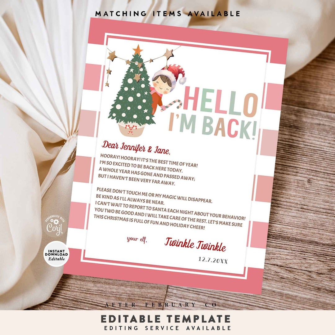 EDITABLE Girl Elf Welcome Back I'm Back Letter Modern Muted Pink Elf ...