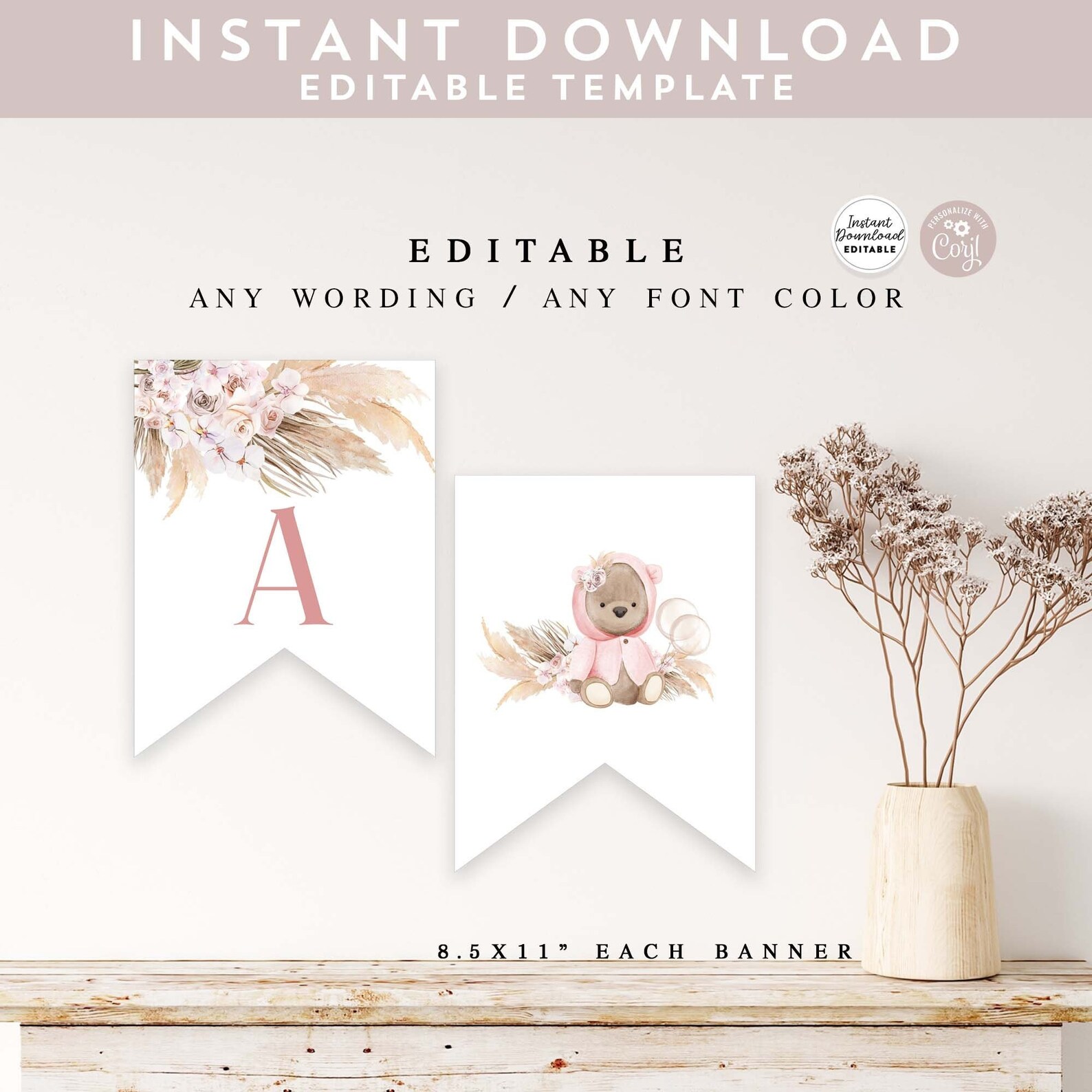 EDITABLE Boho Pink Teddy Bear Baby Shower Welcome Sign Girl | Etsy
