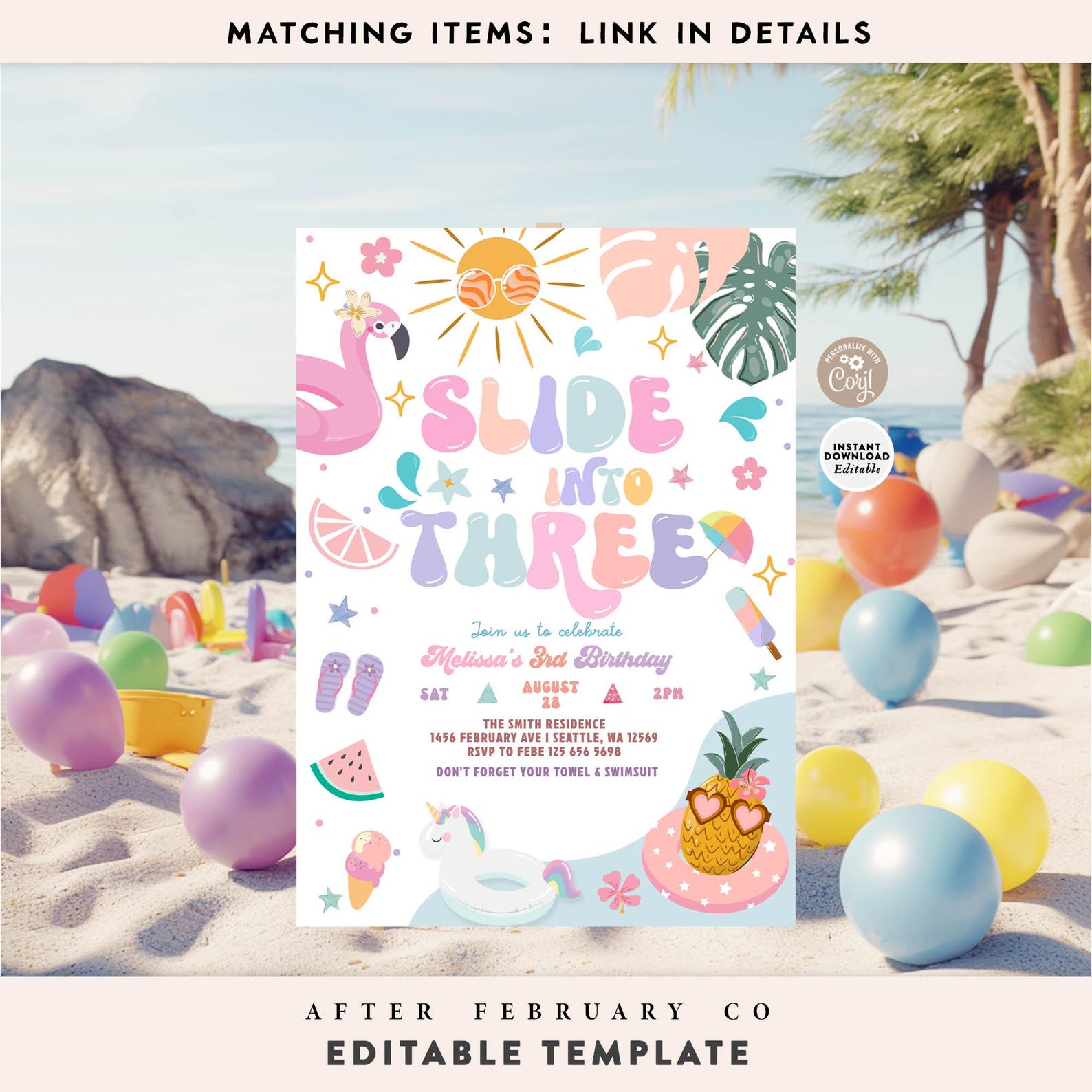 Slide Into Three 3rd Birthday Invitation: Pool Party Splash Pad Invite ...
