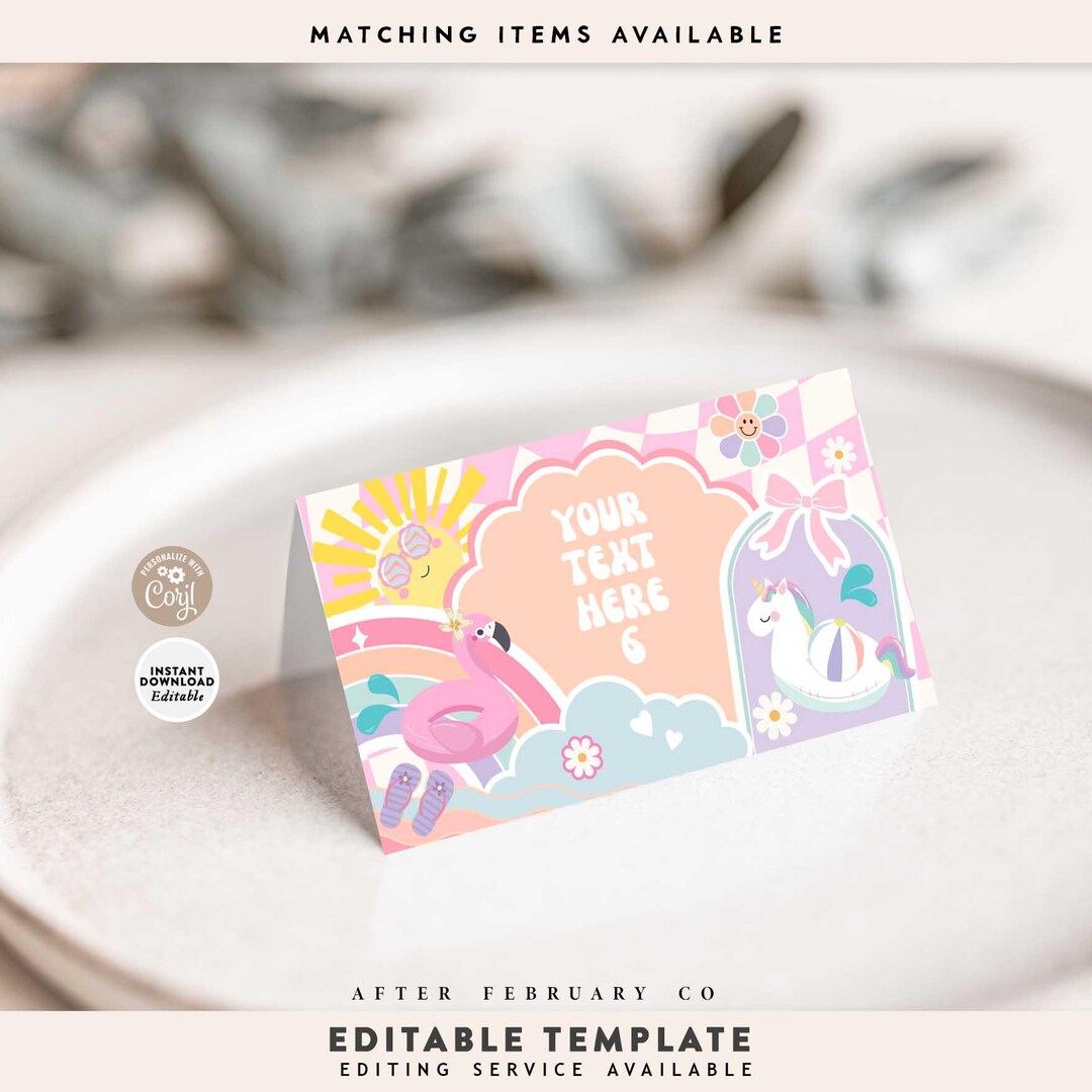 Editable Preppy Pool Party Food Tent Label : Birthday Buffet Place Card ...
