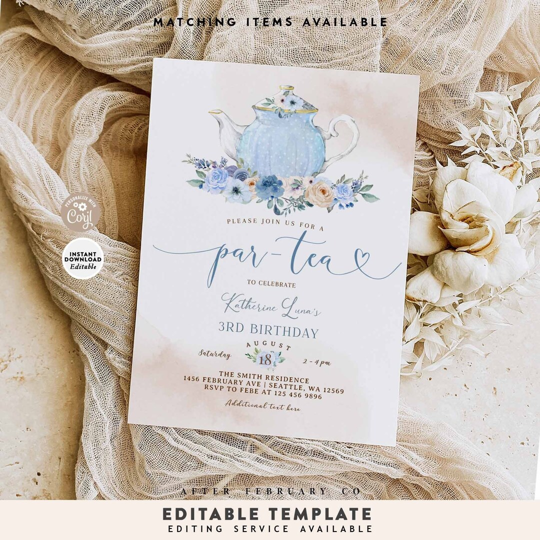EDITABLE Blue Par Tea Invitation Floral Girl Birthday Tea Party ...