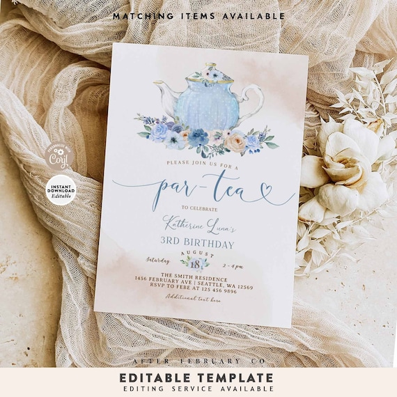 EDITABLE Blue Par Tea Invitation Floral Girl Birthday Tea - Etsy