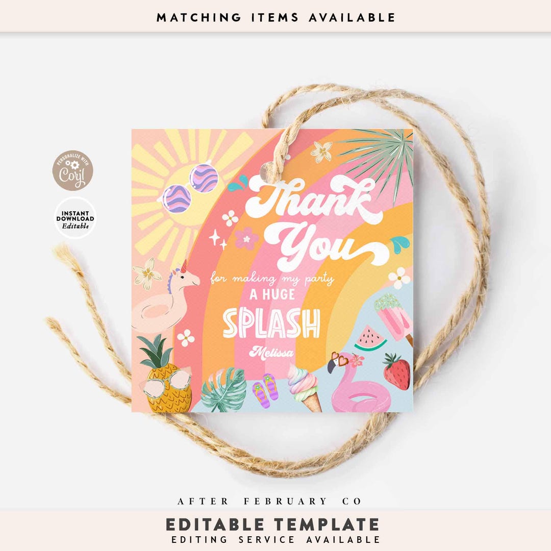 Editable Pool Party Square Tag Splish Splash Pool Birthday Tag Beach ...