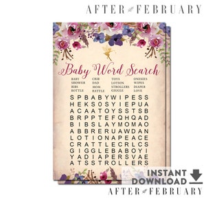 Baby Word Search Game Printable Plum Purple Floral Fairy Baby Shower ...