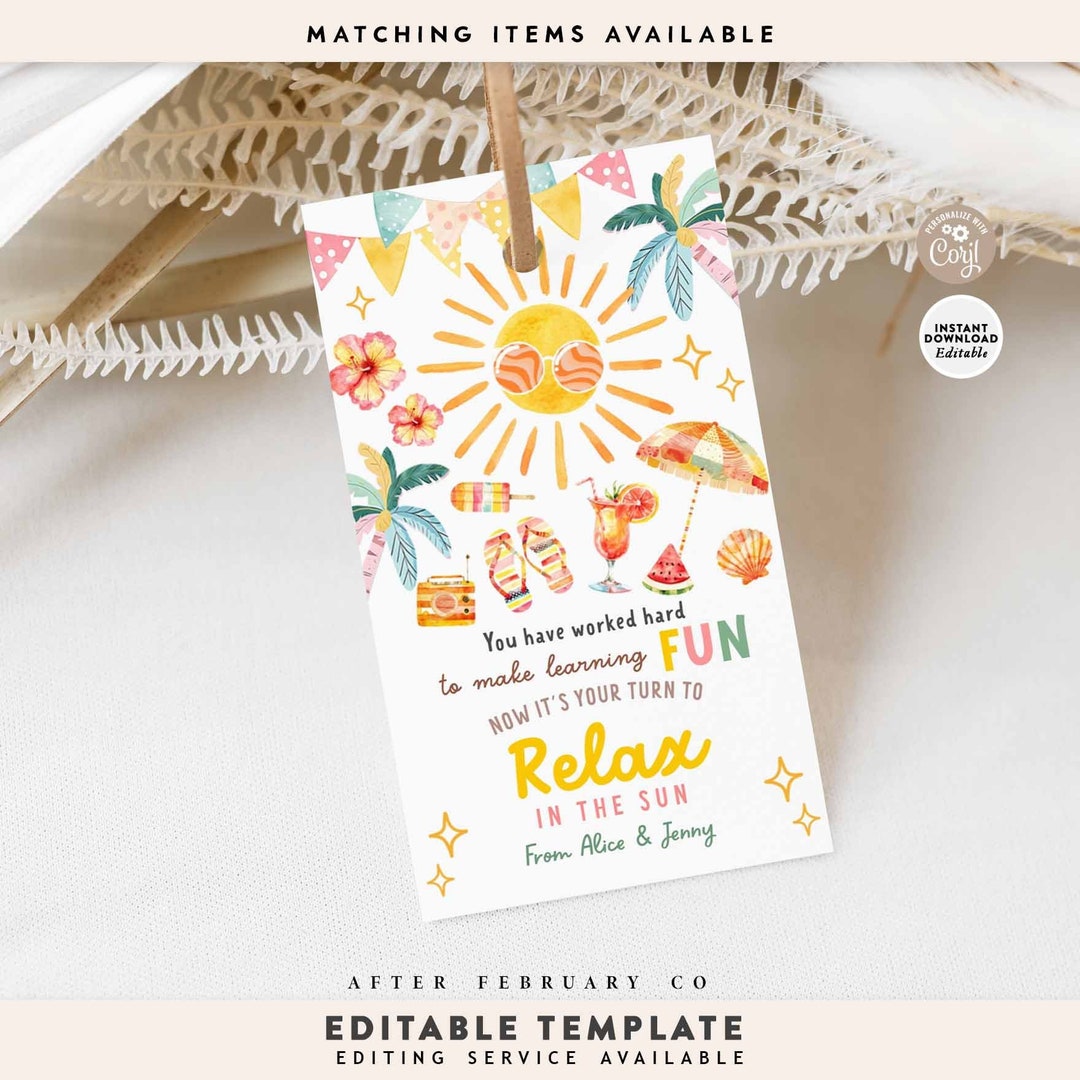 Editable Relax in the Sun Teacher Tag Appreciation Gift Tags End of ...