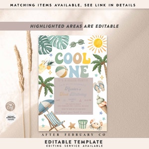 Editable BOY Cool One Beach 1st Birthday Beach Party Invitation Sage ...
