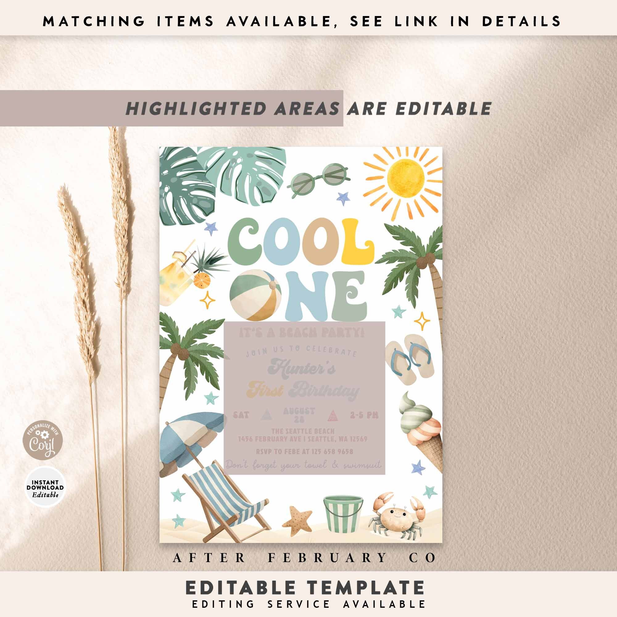 Editable BOY Cool One Beach 1st Birthday Beach Party Invitation Sage ...