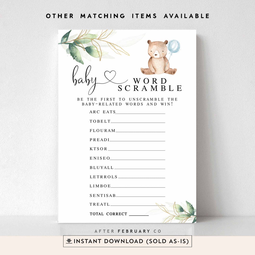 BOY Baby Word Scramble Game Greenery Gold We Can Bearly Wait Teddy Bear ...