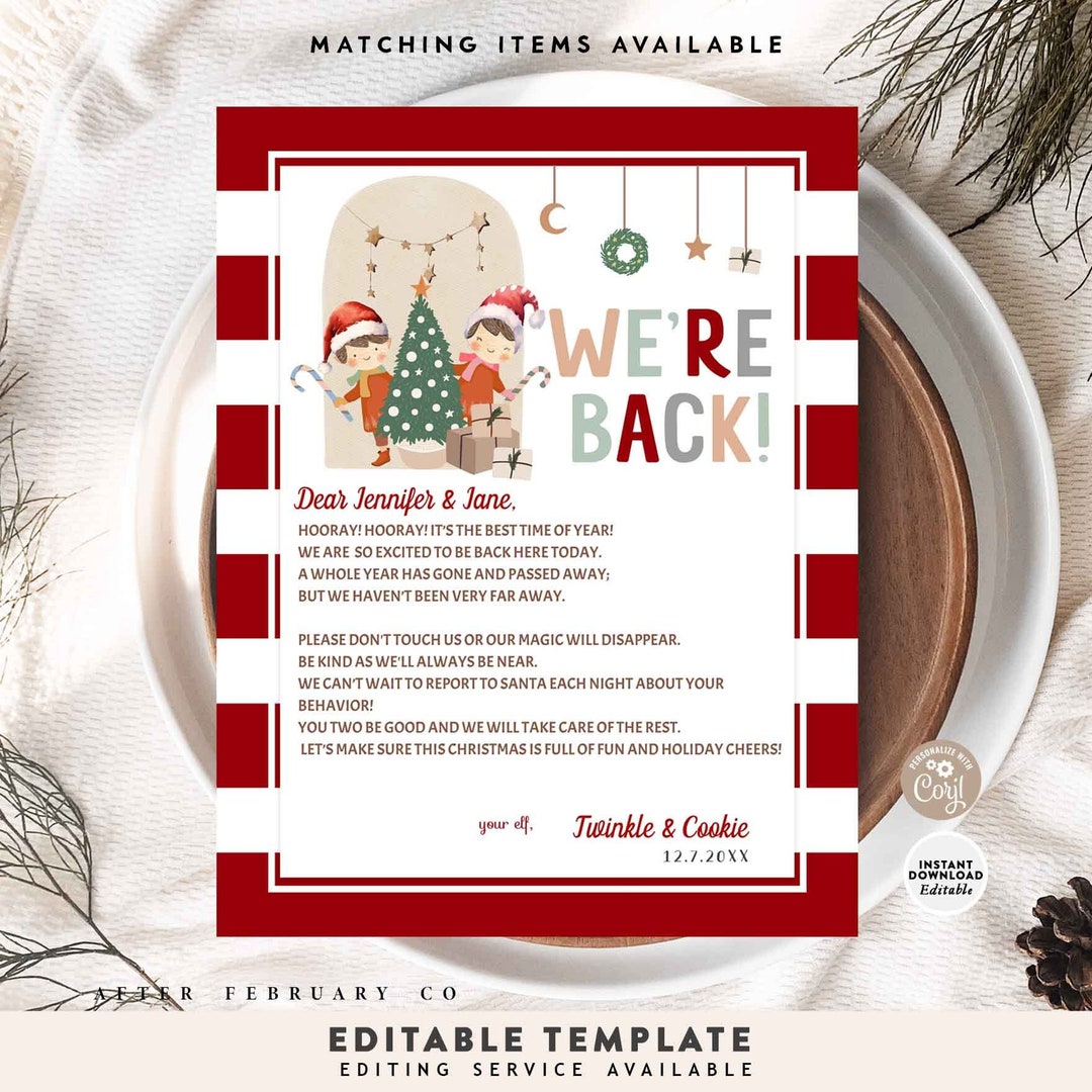 Editable BOY GIRL 2 Elf Welcome Back I'm Back Letter Modern Elf We Are ...