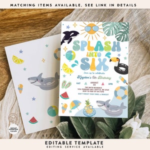 Editable Boy Splash Into SIX 6th Birthday Pool Party Invitation Whale ...