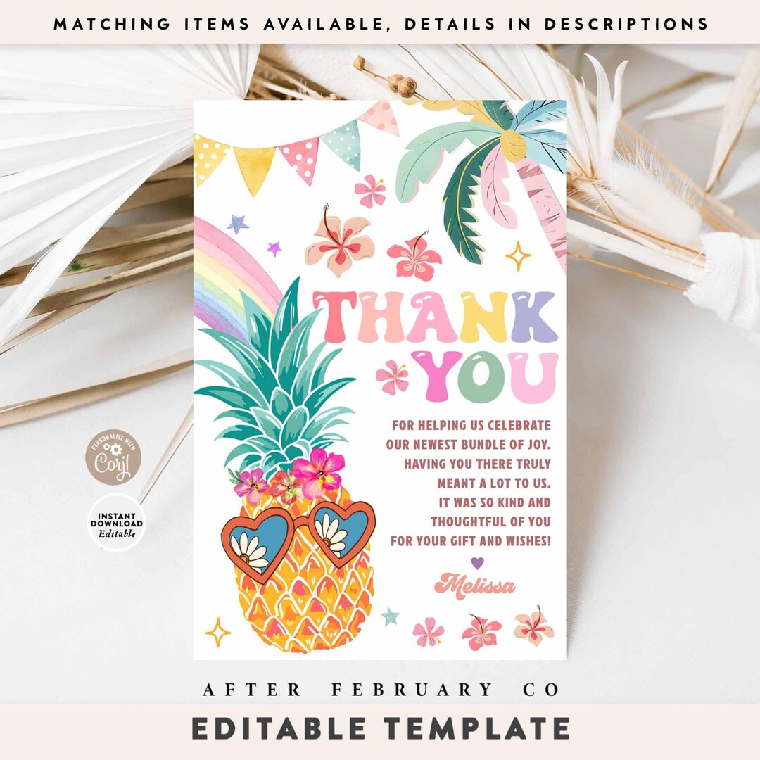 Editable Hula Pineapple Party Thank You Flat Note Card Girly Tropical ...