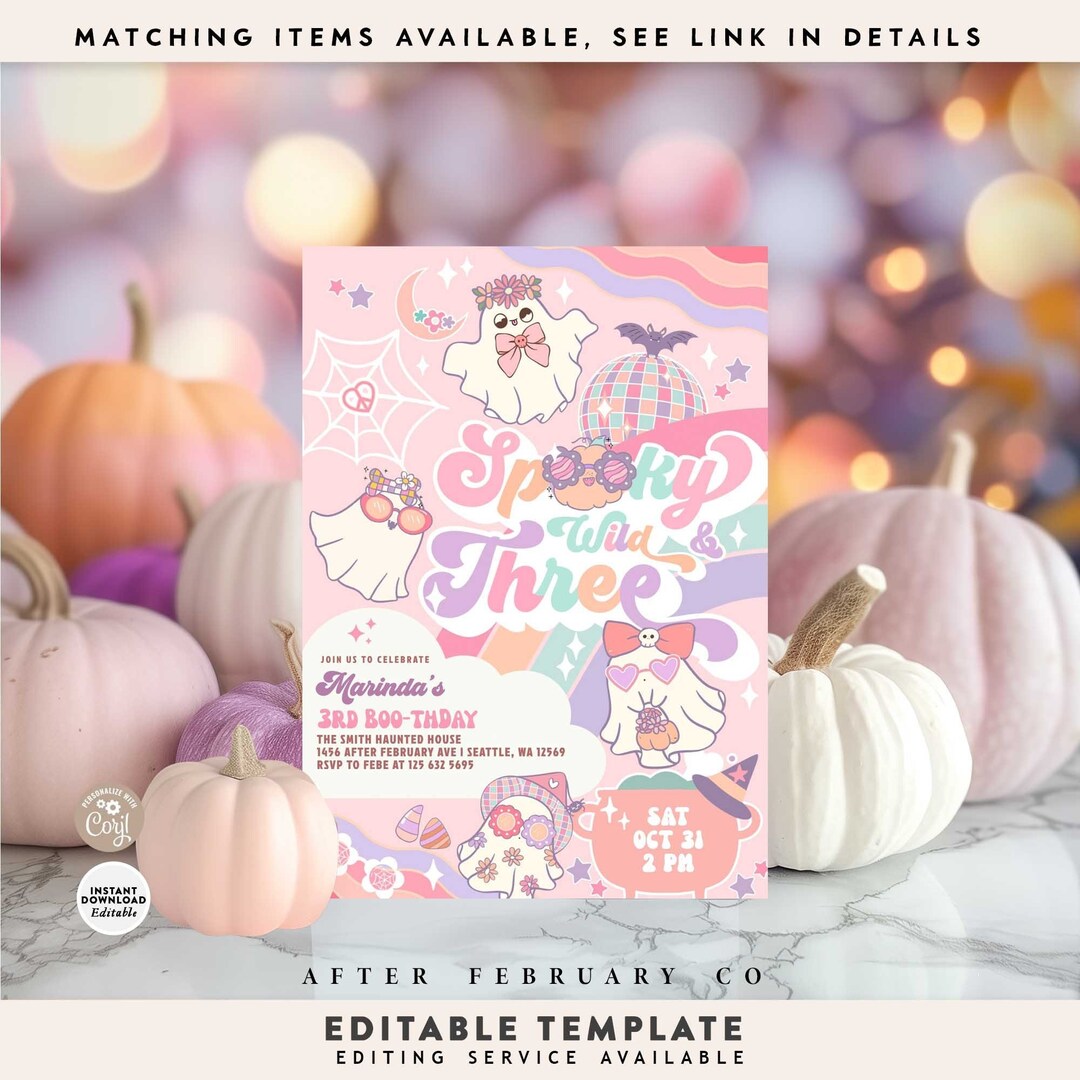 Editable Spooky Halloween 3rd Girl Boo Ghost Birthday Invitation Groovy ...