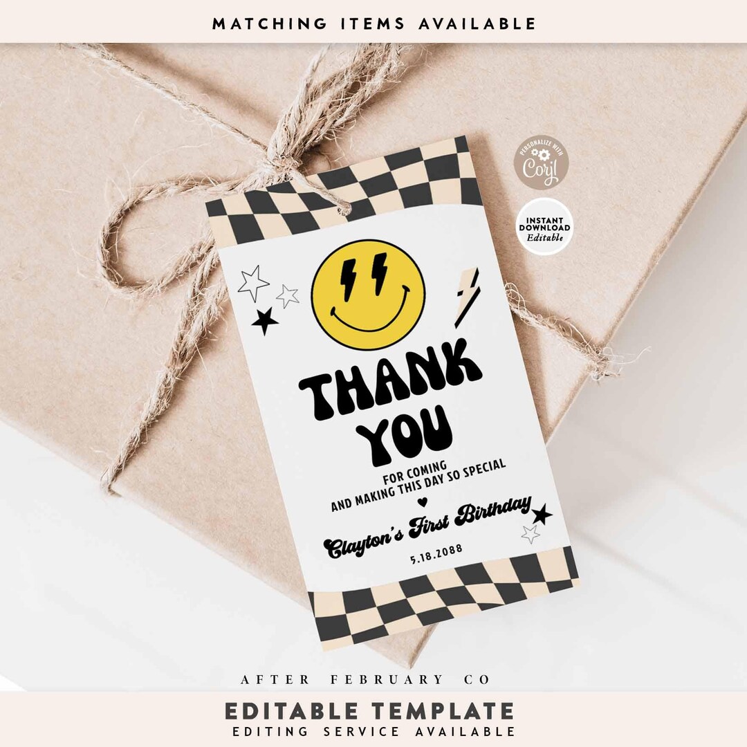 EDITABLE Smiley Face One Happy Dude Thank You Favor Gift Tag Retro ...