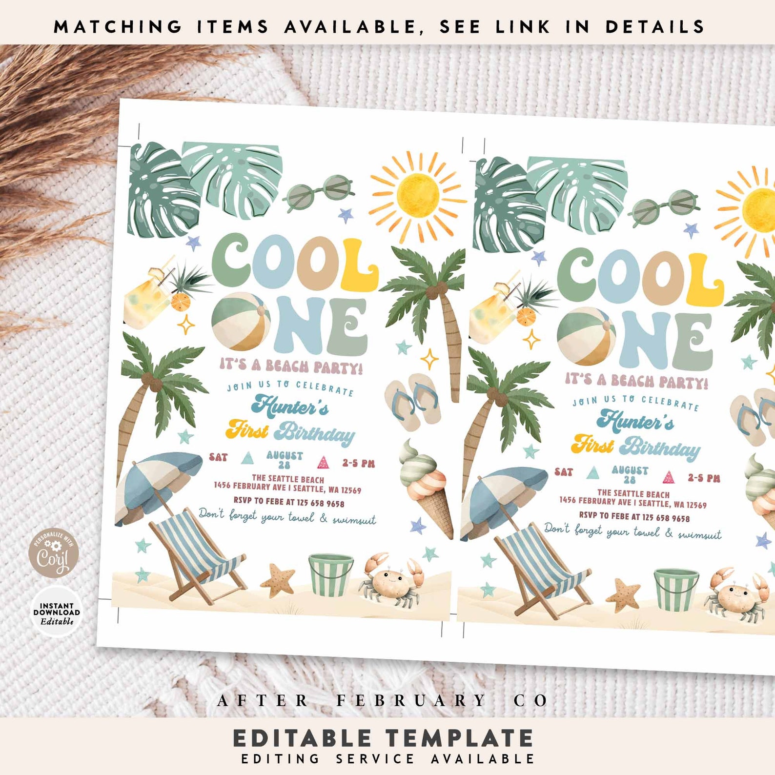 Editable BOY Cool One Beach 1st Birthday Beach Party Invitation Sage ...