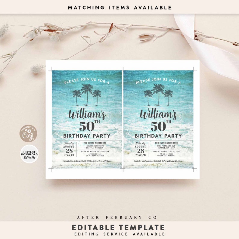 Editable Plum Tree Tropical Beach Birthday Invitation: Caribbean Ocean ...