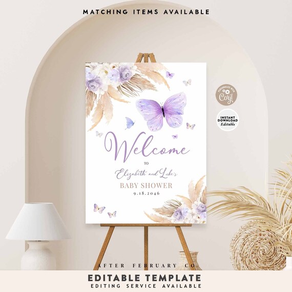 EDITABLE Girl Purple Lavender Boho Butterfly Baby Shower - Etsy