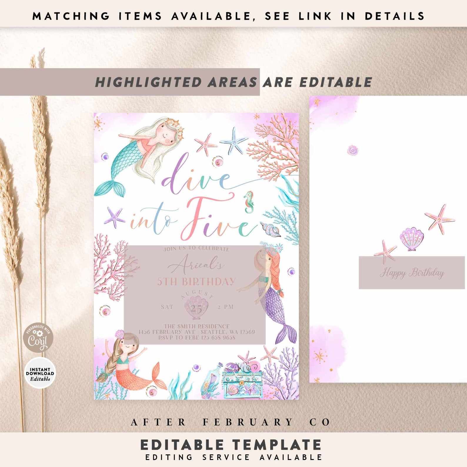 Editable Mermaid Dive Into Five 5th Birthday Invitation Under the Sea ...