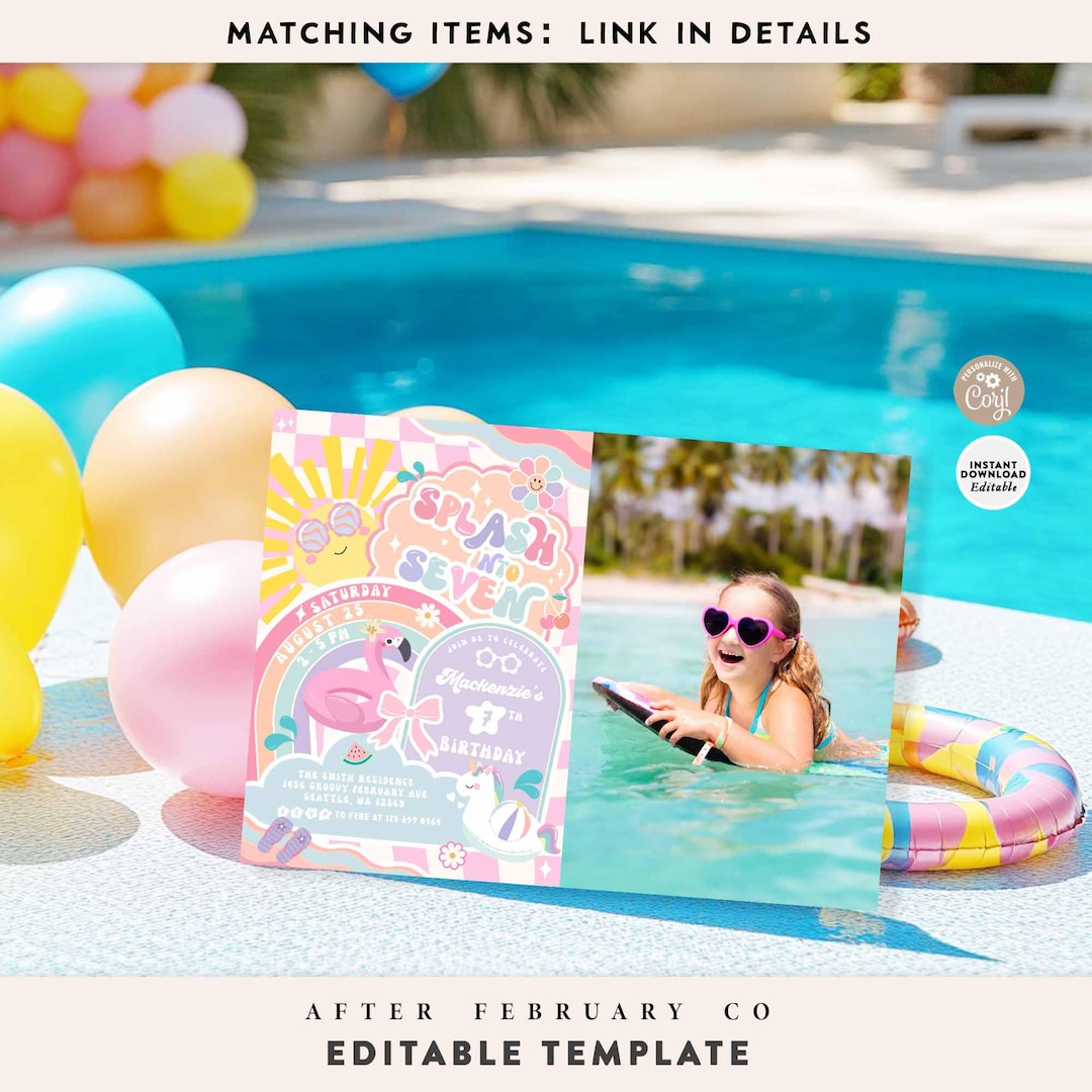 Preppy Groovy 7th Birthday Pool Party Invitation: Splash Into Seven ...