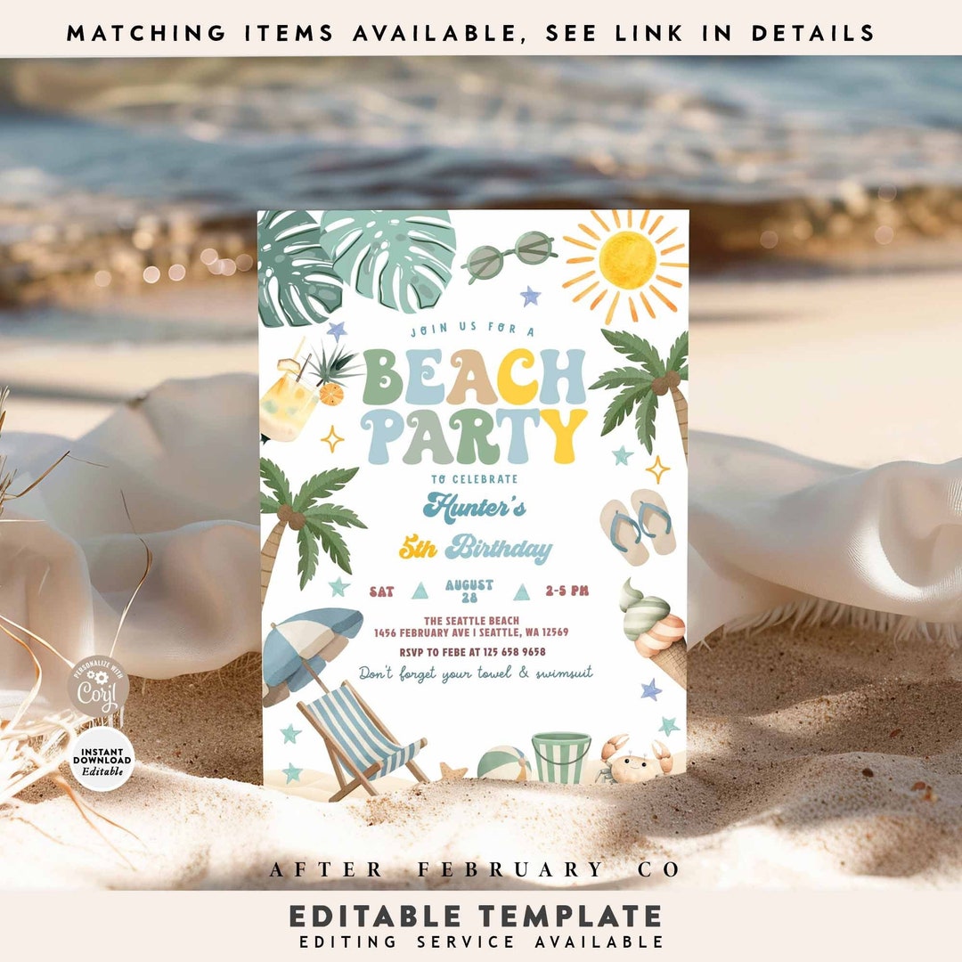 Editable BOY ANY AGE Beach Party Birthday Beach Party Invitation Sage ...