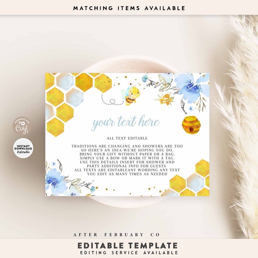 EDITABLE Bumble Bee 4x3" Detail Insert Boy Blush Blue Floral Yellow ...