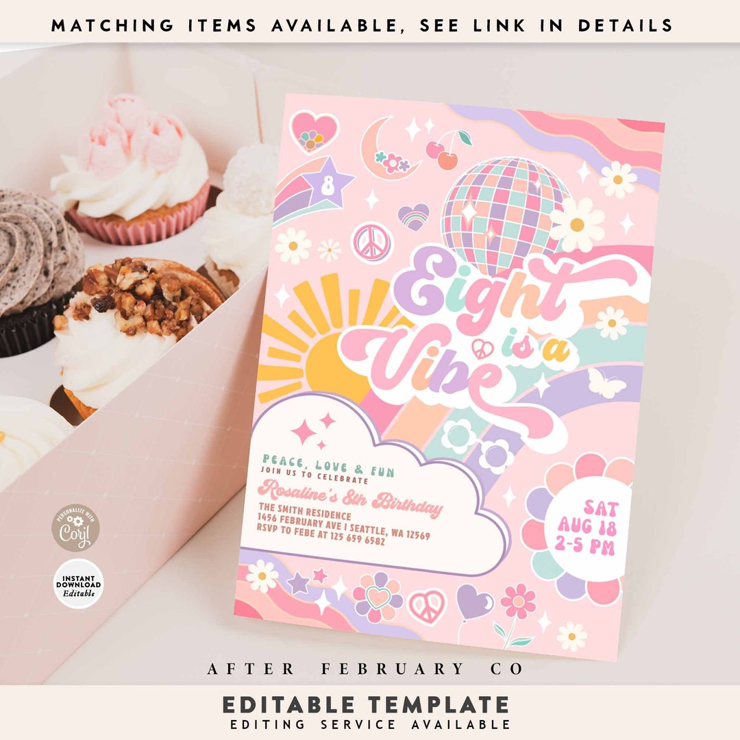 Editable Groovy 8 Eight is a Vibe 8th Birthday Party Invitation Rainbow ...