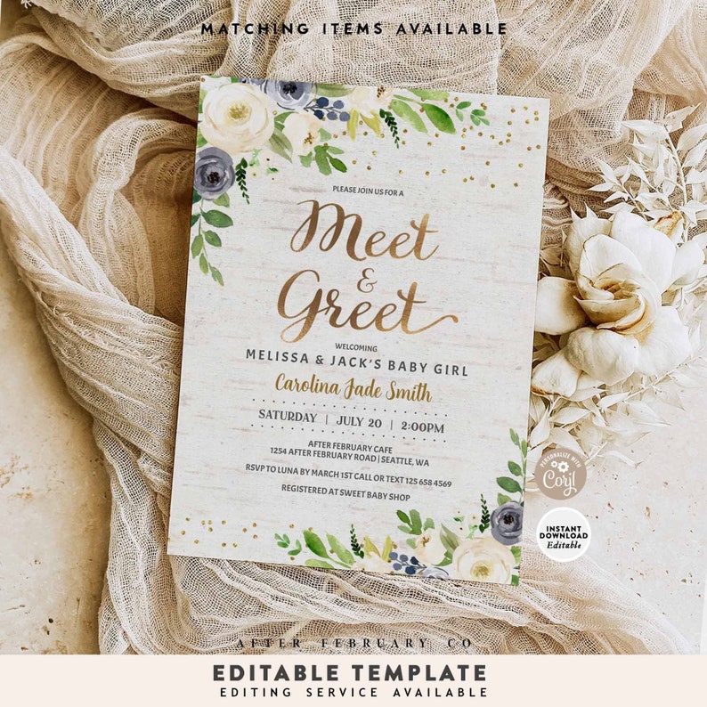 Editable Rustic Blue Floral Meet and Greet Invitation Boy Blue - Etsy