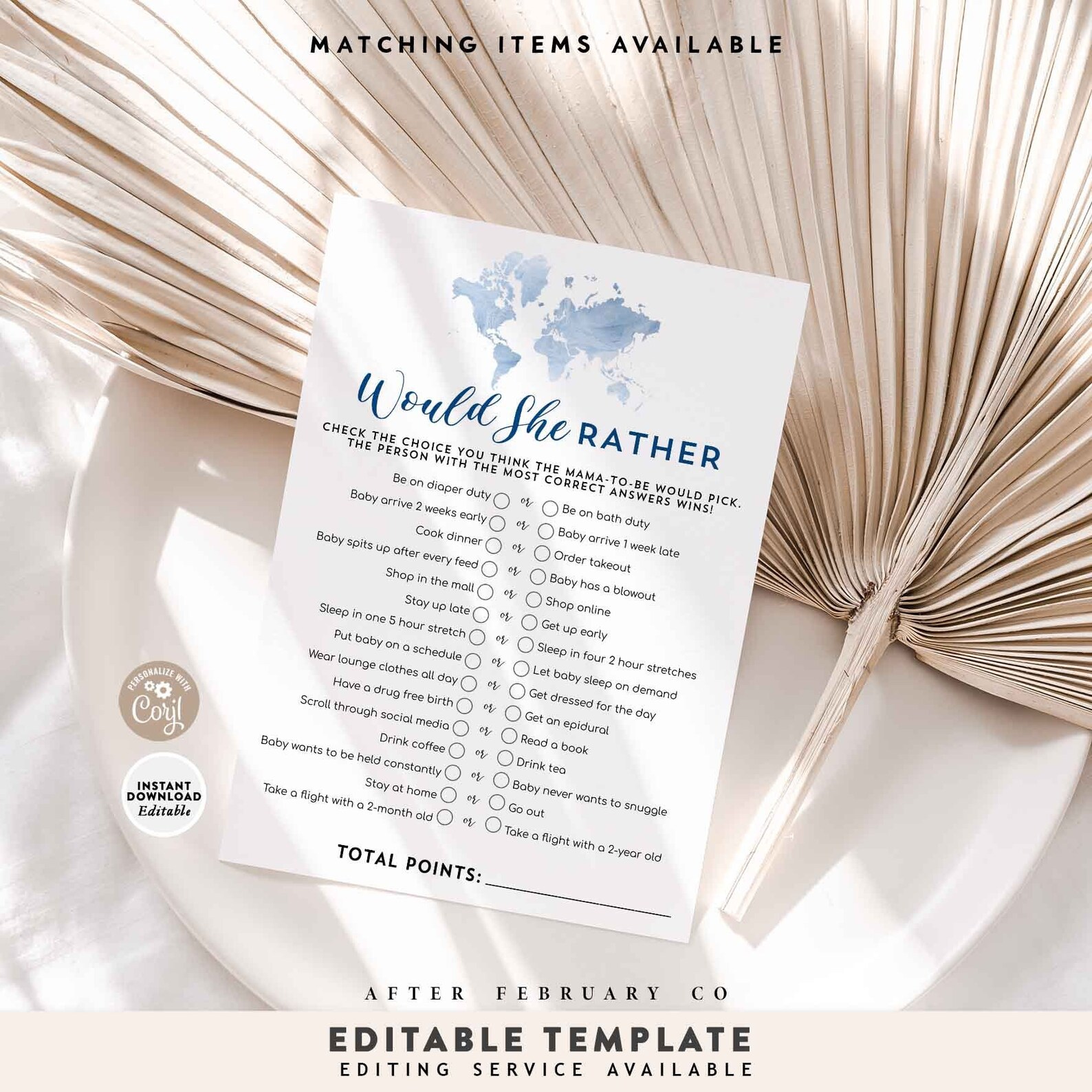 EDITABLE Blue World Map Adventure Baby Shower Game Would She | Etsy