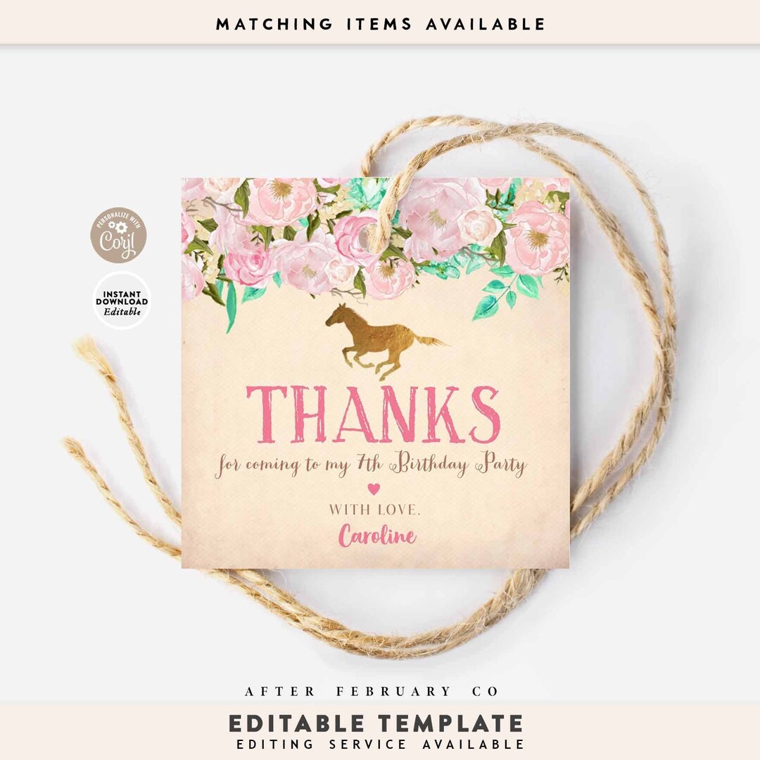 EDITABLE Horse Horseback Riding Party Thank You Tag Pink Aqua Floral ...