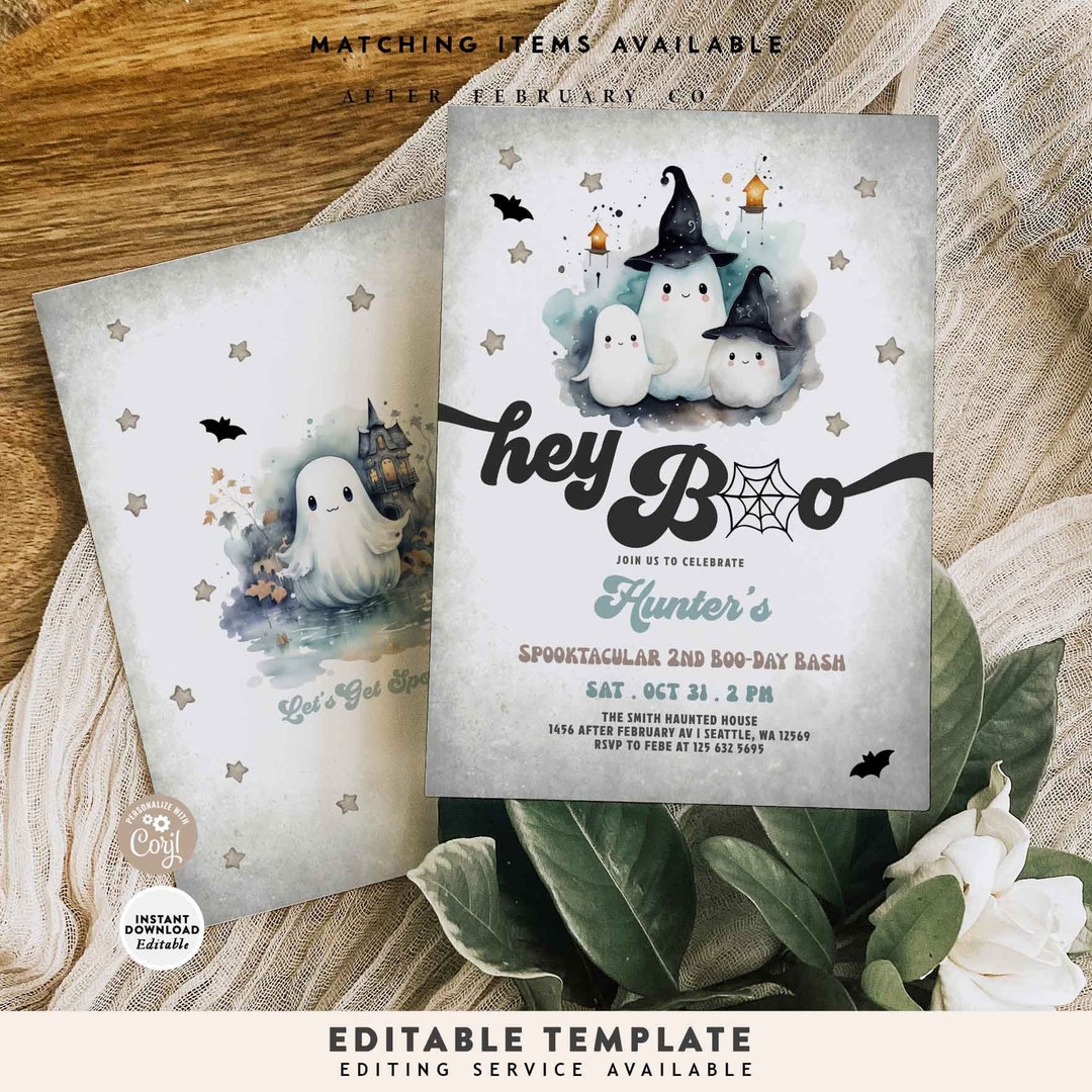 Hey Boo Boy Halloween Joint Twins Triplet Birthday Invitation Trick or ...