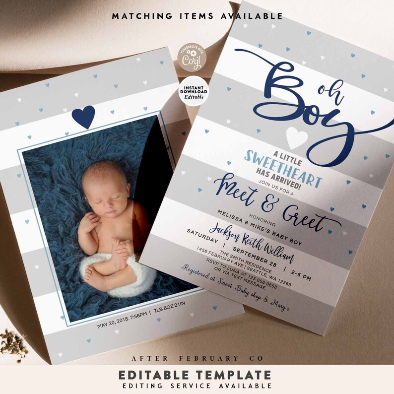 Editable Boy Meet and Greet Boy Gray Navy Blue White Hearts - Etsy