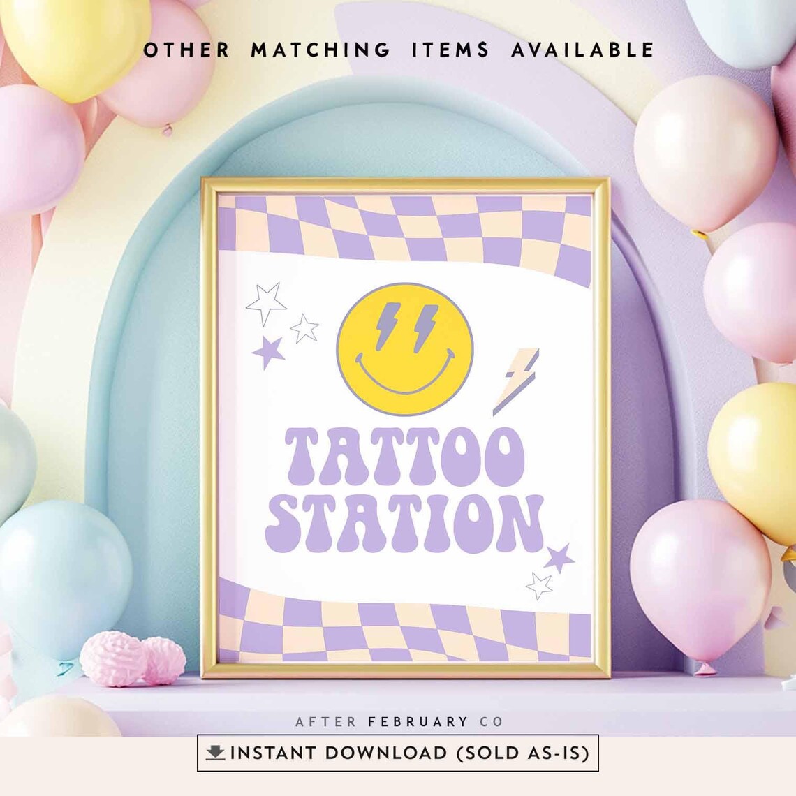 Smile Face Party Tattoo Station Table Sign Girl Purple Happy Face Let's ...